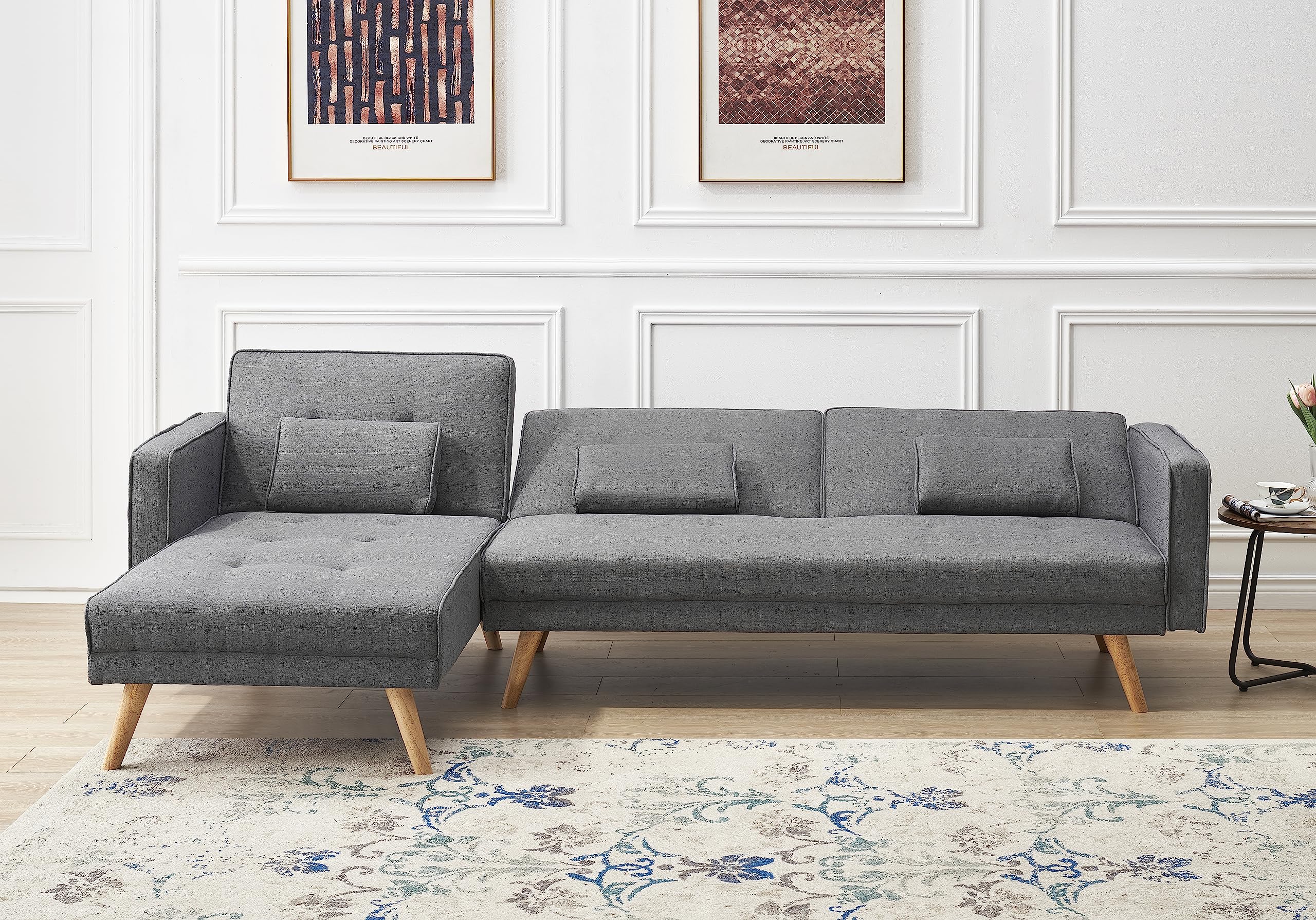 Eafurn L-Shaped Sectional Sofa with Adjustable Backrest and Chaise Lounge,3 Seat Upholstered Sleeper Futon Couch with Solid Wood Legs, Left Hand Facing Tufted Seater Sofa & Couch with 5 Pillows