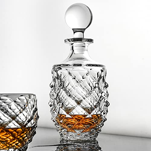 Czech Crystal Glass Whiskey Set 1+6 Elegant Design "Morris" Decanter 25oz./750ml.+Tumblers 11oz./320ml. Heavy Base Old Fashioned Style Bourbon Scotch Brandy Vodka Birthday Wedding Housewarming Gift