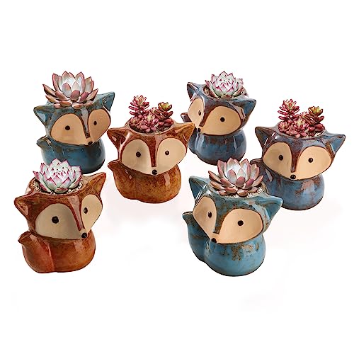 Dicunoy 6 Pack Mini Animal Succulent Planters, 3.5" Ceramic Fox Flower Pots with Drainage Hole, Cute Cactus Planter for Indoor Plants, Home, Office, Window Decoration
