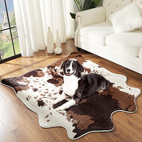FALARK INC Premium Faux Cowhide Rug, 4.6ft x 5.2ft Cow Print Rugs for Living Room Bedroom, Cute Animal Print Carpet Western Home Decor Rug, Upgraded Non-Slip Soft Cow Skin Rugs, Brown and White