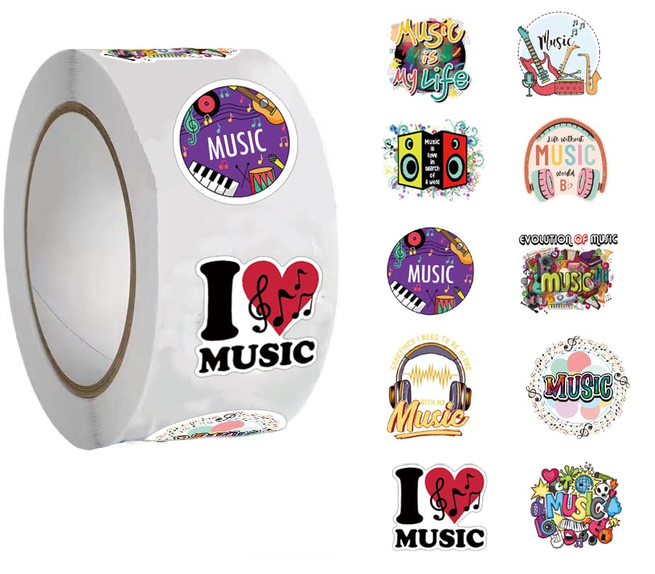 Music Stickers (500 PCS), 10 Graphic Aesthetics Cartoon Decal Rolls Self-Adhesive Seals for Kids Girls Boys Teens for Birthday Party Decoration for Water Bottle Laptop Scrapbook Card Envelope