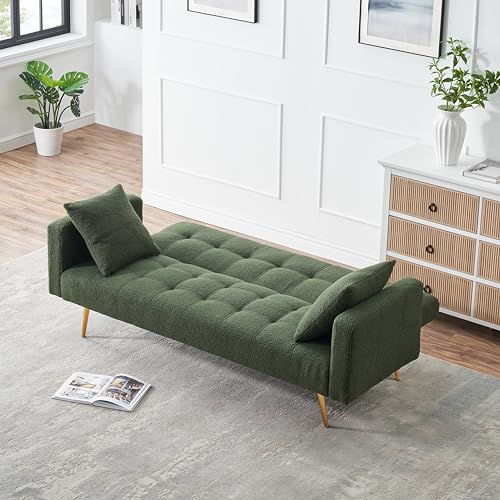 Eafurn Teddy Fleece Upholstered Folding Futon Sofa Bed Convertible Sleeper Couch with 3 Adjustable Backrest, Recliner Loveseat Lounge Sofabed Daybed with Golden Metal Legs for Living Room Office