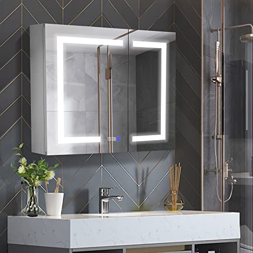 GroGro LED Bathroom Medicine Cabinet with Mirror,30" W x 26" H Lighted Medicine Cabinet,Surface or Recessed Mount,3-Layer Storage Shelves,Medicine Cabinets Can Defog,Dimming,Outlets & USBs