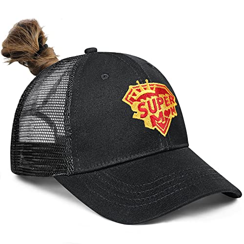 Cerheart Rit High Messy Bun Ponytail Hat Funny Hats Mom Hat Mama Hat Black Baseball Hat Adjustable Dad Hat Womens Trucker Cap for Super Mom