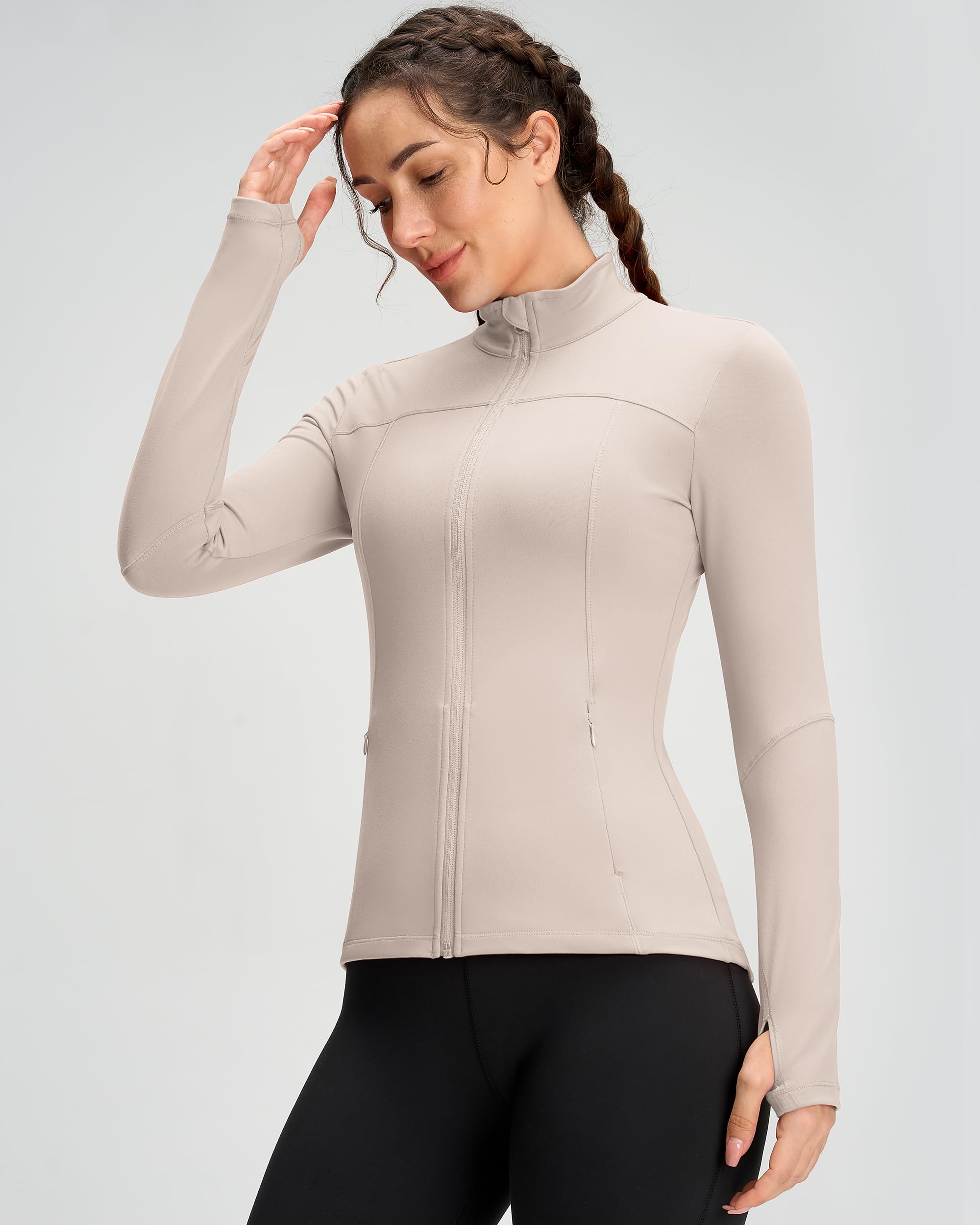 colorskin Workout Jackets for Women Full Zip Athletic Running Track Jacket with Pockets Slim Fit Yoga Jacket with Thumb Holes(Almond,Medium)