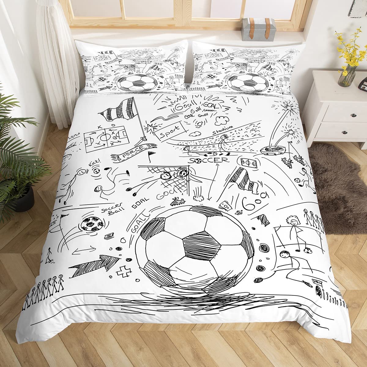 Erosebridal Football Comforter Cover, Hand Drawn Sketch Soccer Flag Network Team Sports Duvet Cover for Boys Teens Men, Decorative 3 Piece Bedding Set with 2 Pillow Shams, Queen Size, White Black