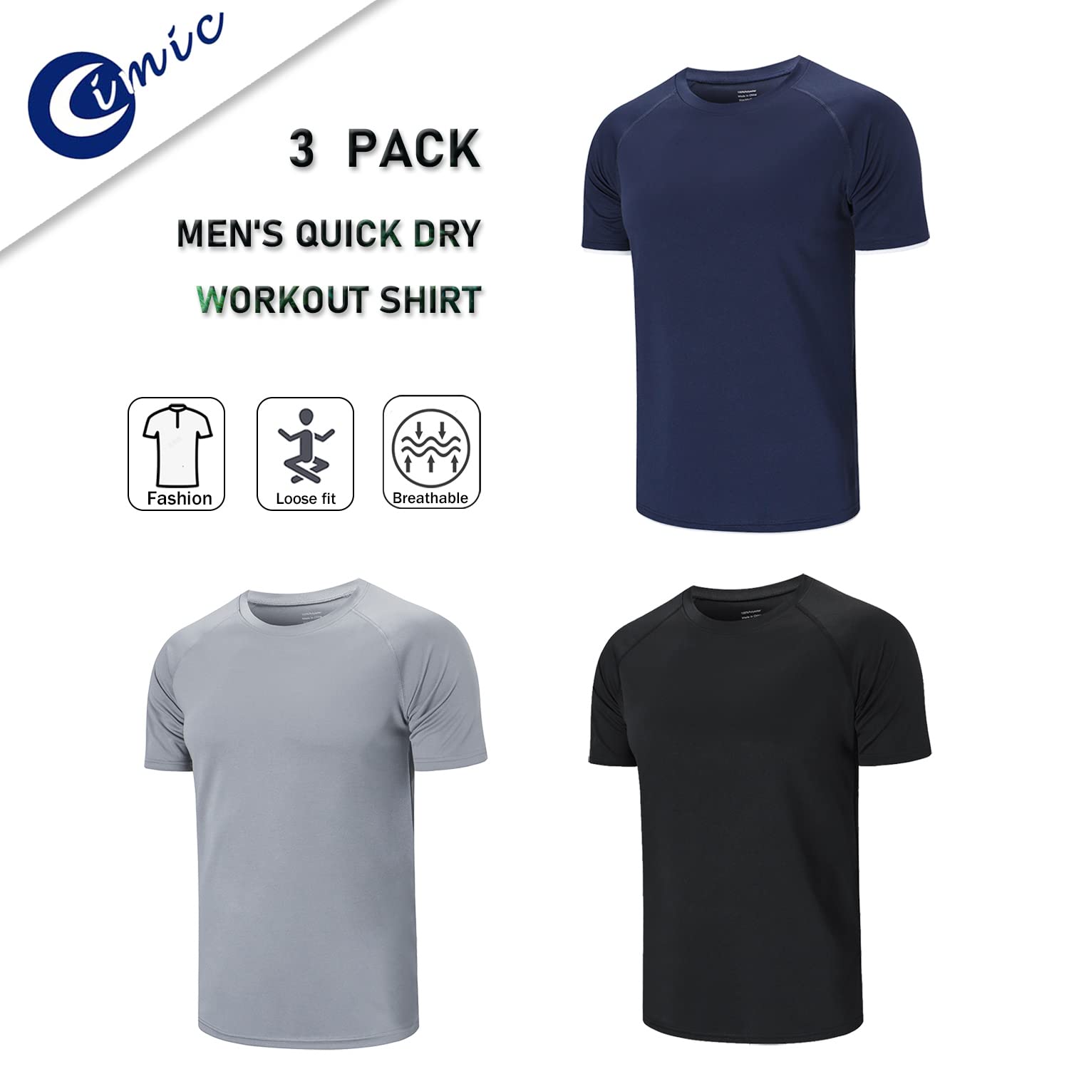 Cimic Workout Shirts for Men, 3 Pack Mens Crew Neck Casual Gym Shirts Short Sleeve Plain Athletic Moisture Wicking Dry Fit Active T-Shirts-Navy (Medium, 590-Black Grey Navy)
