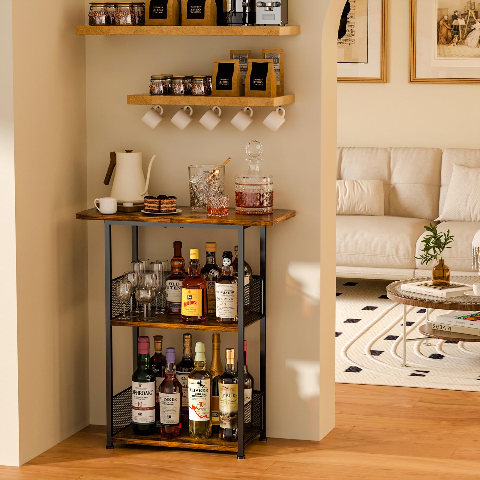 Eyteenokk Floor Standing Freestanding Whiskey Rack: 3 Tier Wine Rack Mini Bar Table Corner Wine Bottle Display Stand Liquor Cabinet Bar, for Bottles,Cocktail Shaker,Mugs