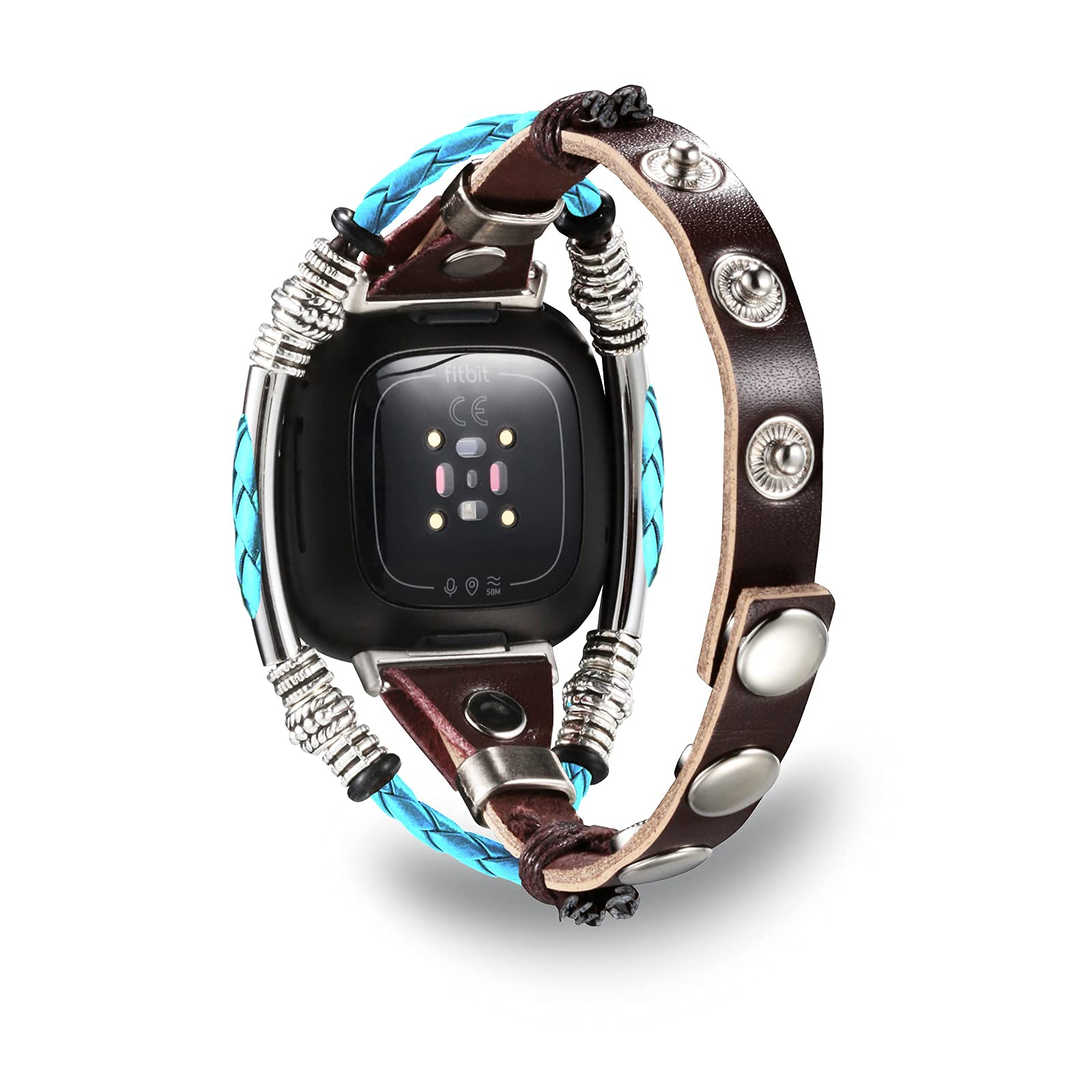 Compatible with Fitbit Sense/Fitbit Versa 3 Bands for Women, Marval.P Handmade Leather Band, Replacement Unique Bracelet Strap, Wristbands Adjustable Size, Fashion Wrist Band Straps (Blue)