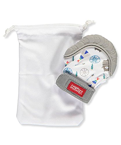 Nuby Soothing Teething Mitten with Hygienic Travel Bag, Grey, 1 Count (Pack of 1)