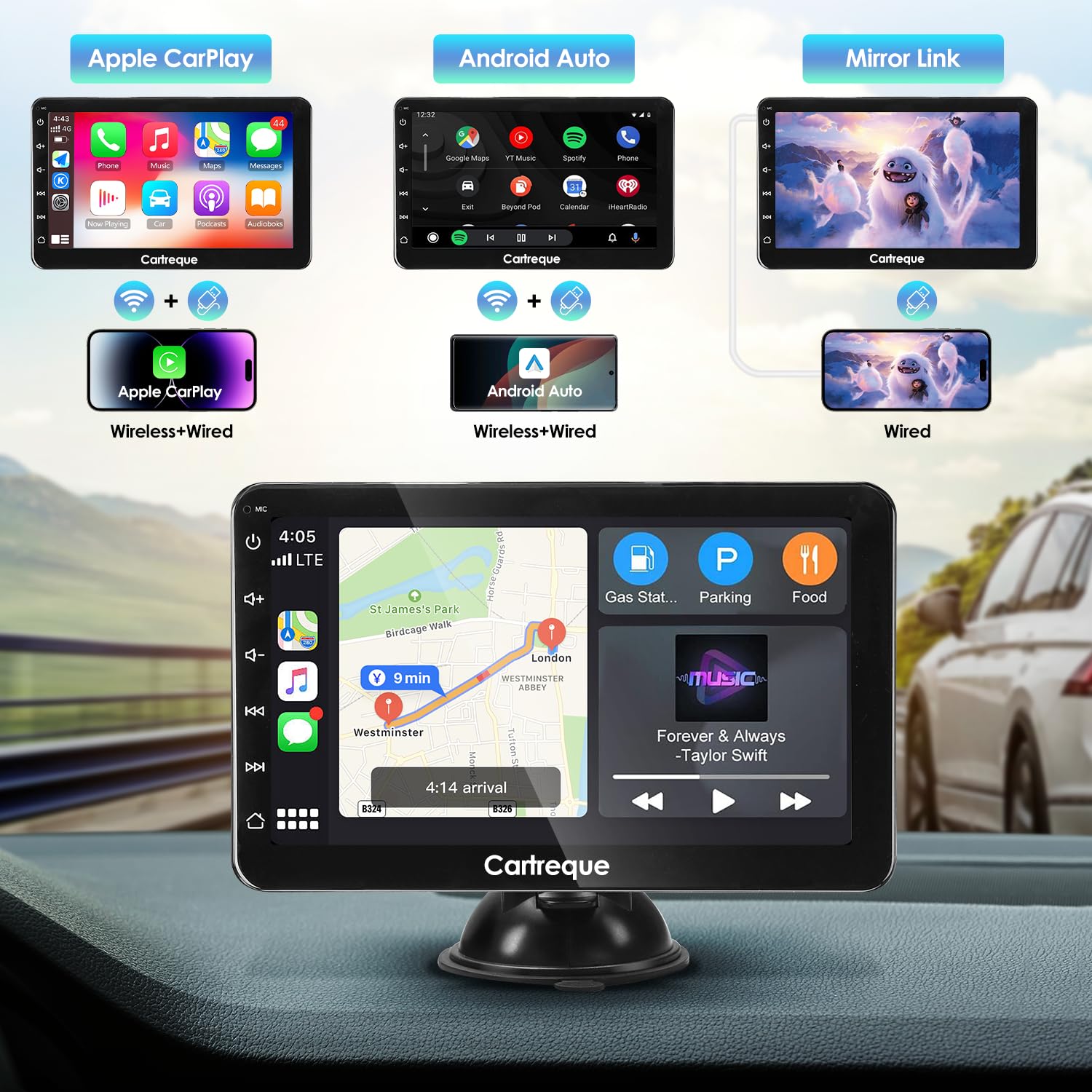 Cartreque Portable Car Stereo Wireless Apple CarPlay Dash Mount & Android Auto, Drivemate, 7-Inch FHD Touchscreen Car Audio Receiver, Bluetooth Handsfree, Car Buddy, AHD Backup Camera, AUX/AV in/USB