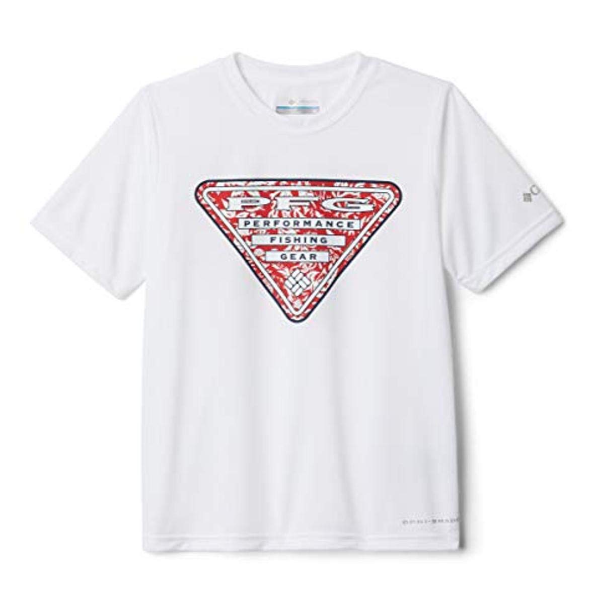 Columbia Boy's PFG Printed Logo Graphic Tee Shirt, Moisture Wicking, Sun Protection, White Kona Triangle Fill, 3T