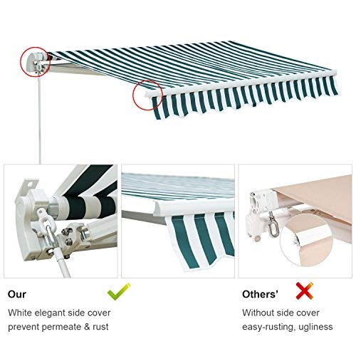 Diensweek Patio Awning Retractable 12'x10', Fully Assembled Manual Commercial Grade - Quality 100% 280G Ployester Window Door Sunshade Shelter - Deck Canopy Balcony P100 Series (Green/White Stripes)