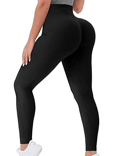 MOSHENGQI Womens High Waisted Seamless Ribbed Leggings Soft Slimming Yoga Pants(M,00-Black)
