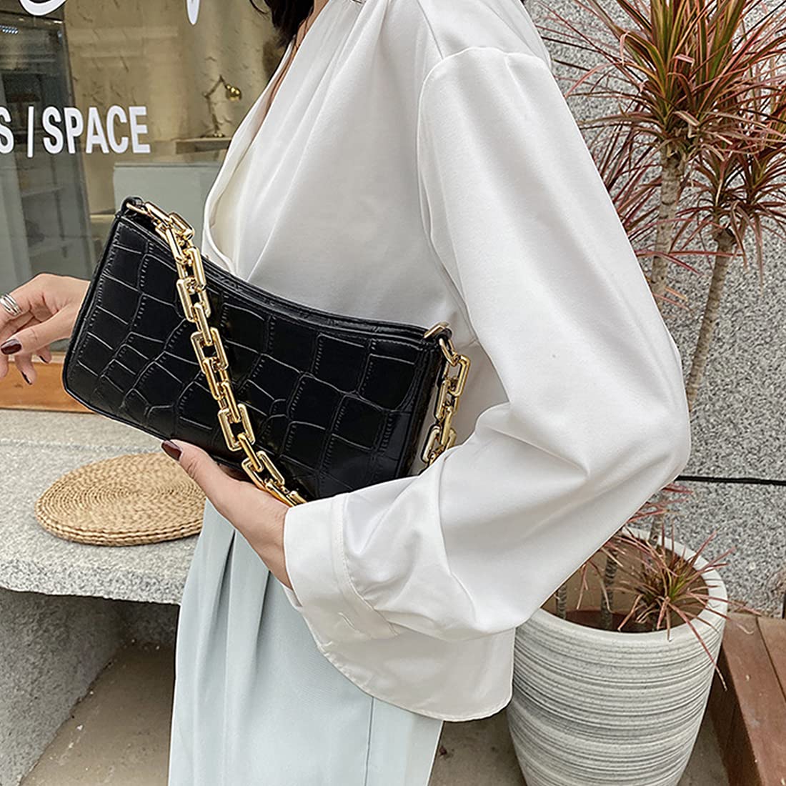 VODIU Classic Clutch Purse Shoulder Handbag Trendy Crocodile Chain Bag Underarm Bags with Zipper for Women