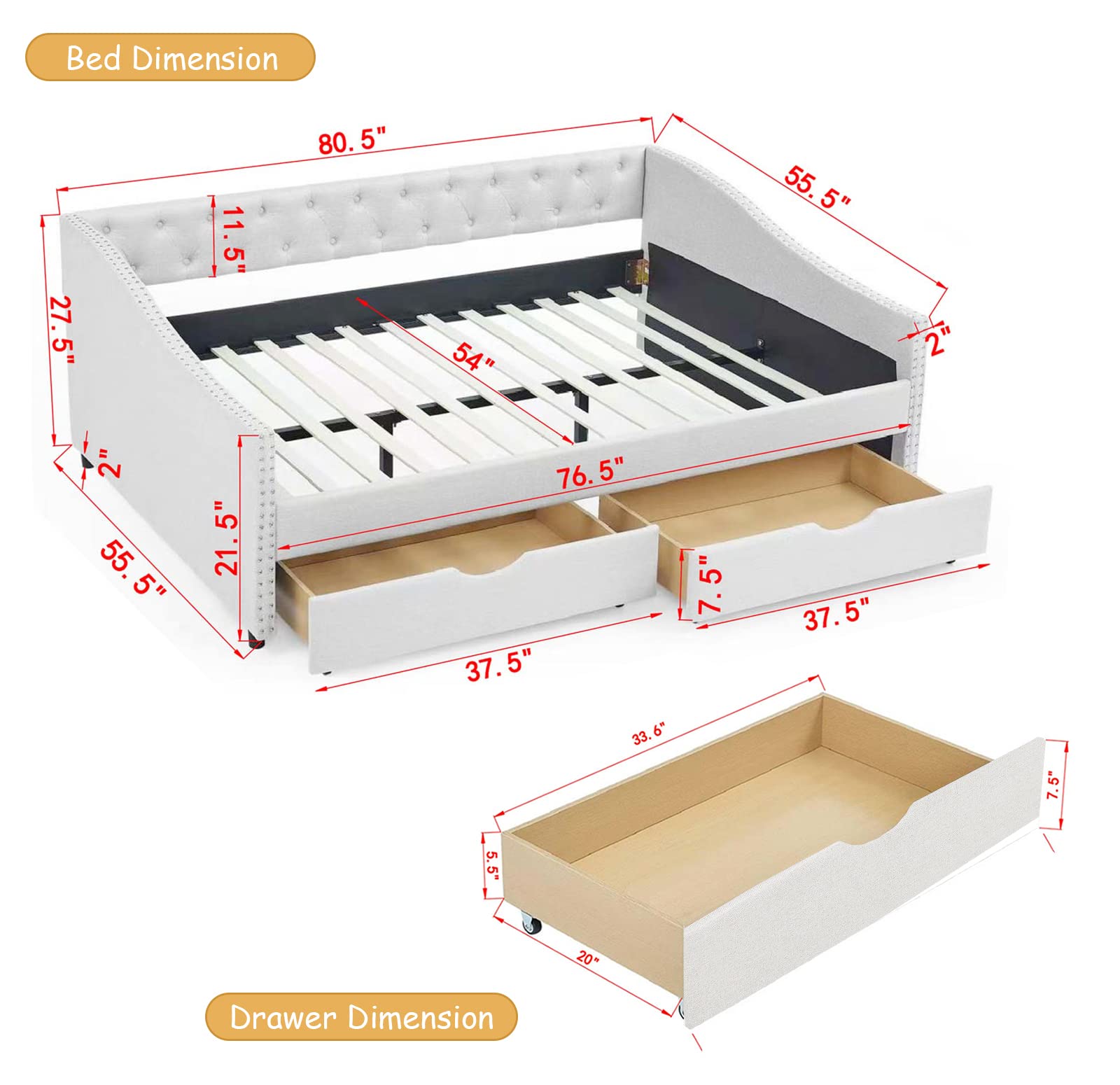 SmartDer Wood Queen Size Daybed, Day Bed Frame with 2 Storage Drawers, Upholstered Bed Frame Queen Sofa Bed with Button and Nailhead Design for Bedroom Guest Room, No Box Spring Needed, Dark Grey