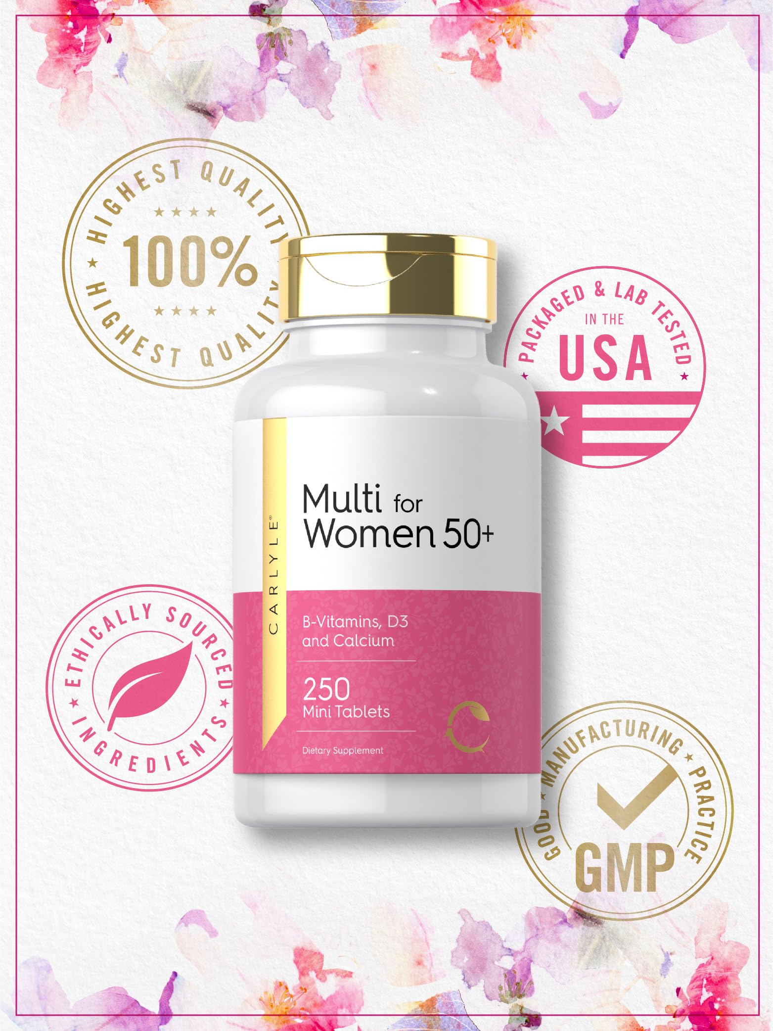 Carlyle Multivitamin for Women 50 and Over | 250 Caplets | Iron Free | with B-Vitamins, D3, and Calcium | for Women 50 Plus | Gluten Free
