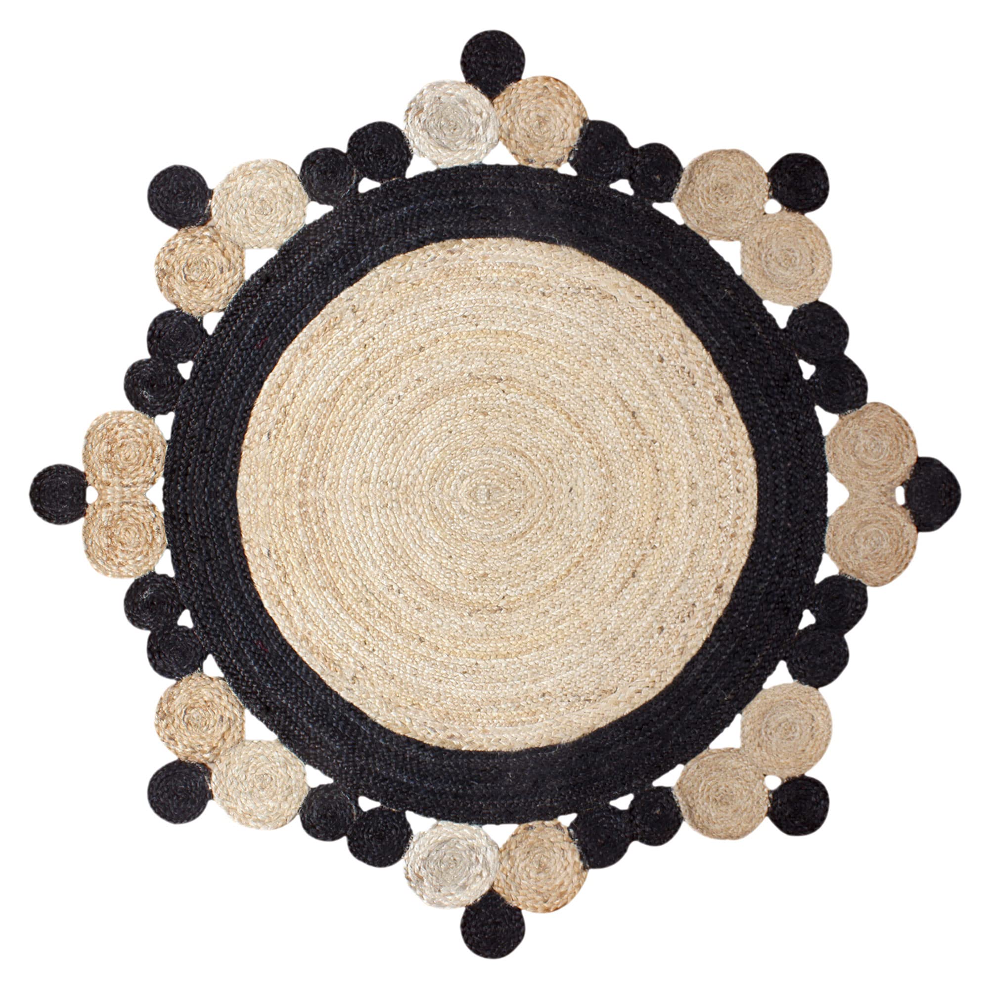 CASAVANI Collection Circle Area Rug - 10 Ft' Round Black Natural Jute Mat Geometric Kilim Rug Indoor Outdoor Use Mat Flatweave Rugs for Bedroom Bedside Round Dining Table Mat Hall & Kitchen