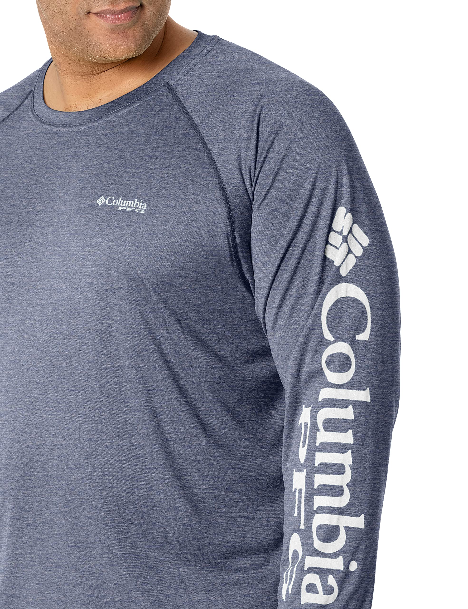 Columbia Men's PFG Terminal Tackle⢠Heather Long Sleeve Shirt,Collegiate Navy Heather/White Logo,X-Large