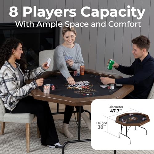 SereneLife 8- Player Octagonal Foldable Poker Table, Casino Leisure Texas Holdem Table, w/ water Resistant Cushioned Rail, 8 Cup Holders, Brown Felt Surface, Black Jack Board & Family Games (Black)