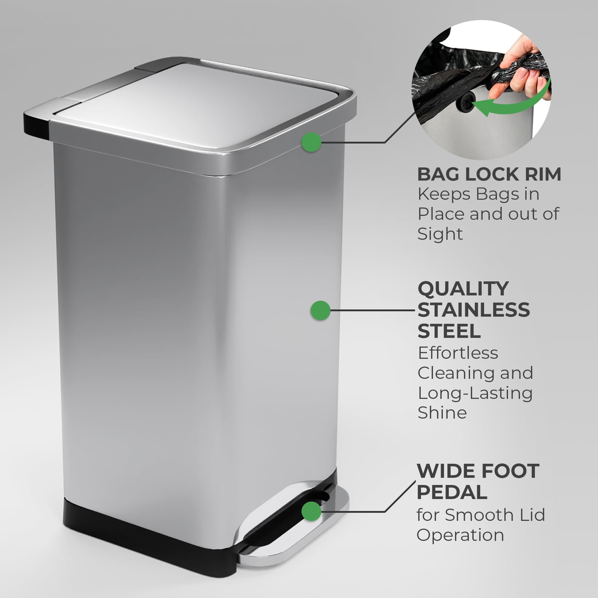 EconoHome 20 Gallon Stainless Steel Large Kitchen Trash Can with Foot Pedal, Soft Close Lid and Trash Bag Retainer Rim