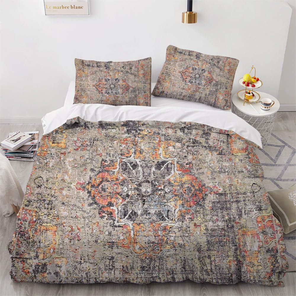 GABADU Vintage Nationality Distressed Duvet Cover, Traditional Pattern Print Bedding 3 Piece Set, Printing Comforter Cover and 2 Pillowcases, Soft Microfiber with Zipper and Ties (King/90"x104")
