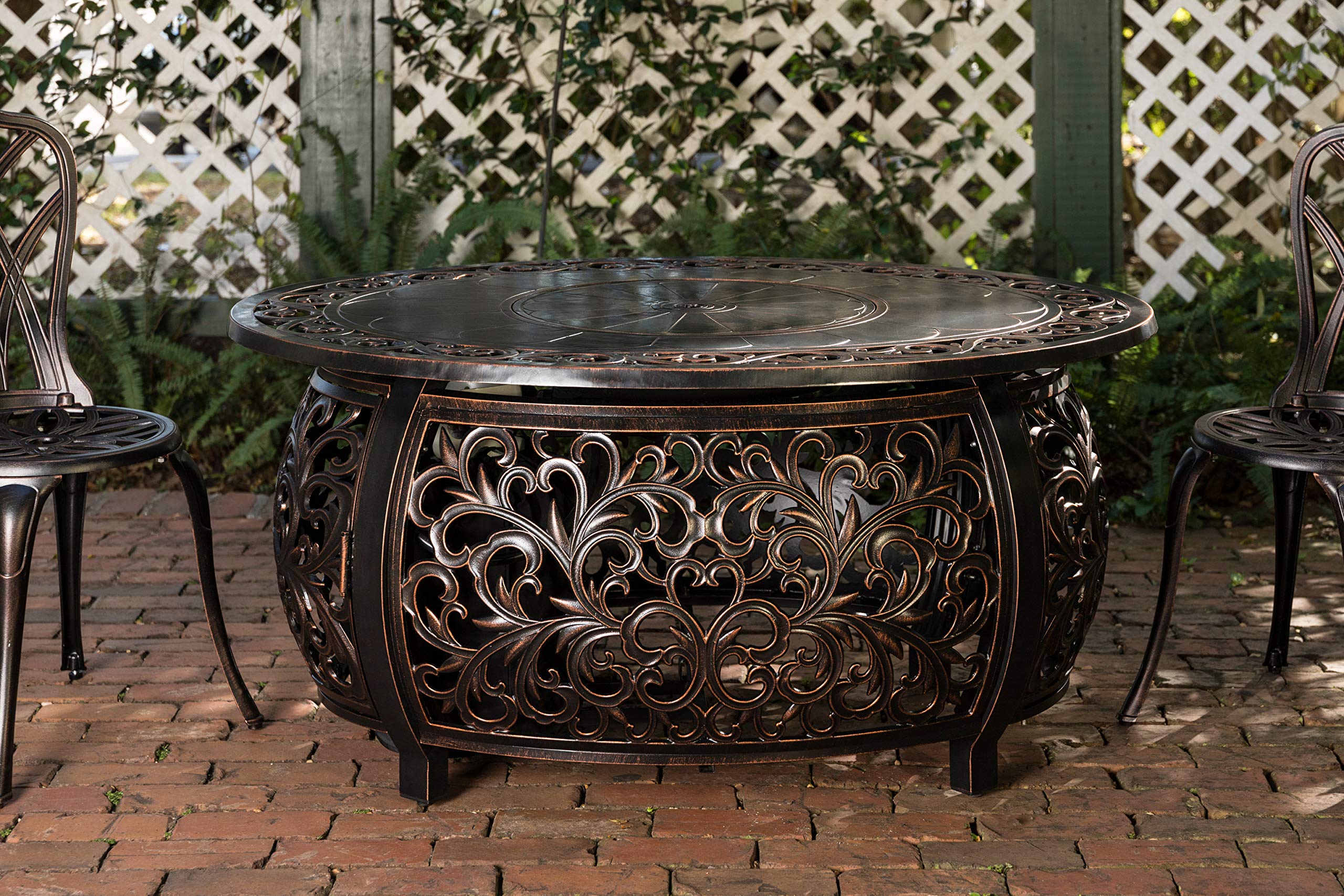 Fire Sense 62198 Toulon Filigree Aluminum Convertible Gas Fire Pit Table 55,000 BTU Outdoor Multi-Functional with Fire Bowl Lid, Nylon Weather Cover & Clear Fire Glass - Bronze Finish - Oval - 48"