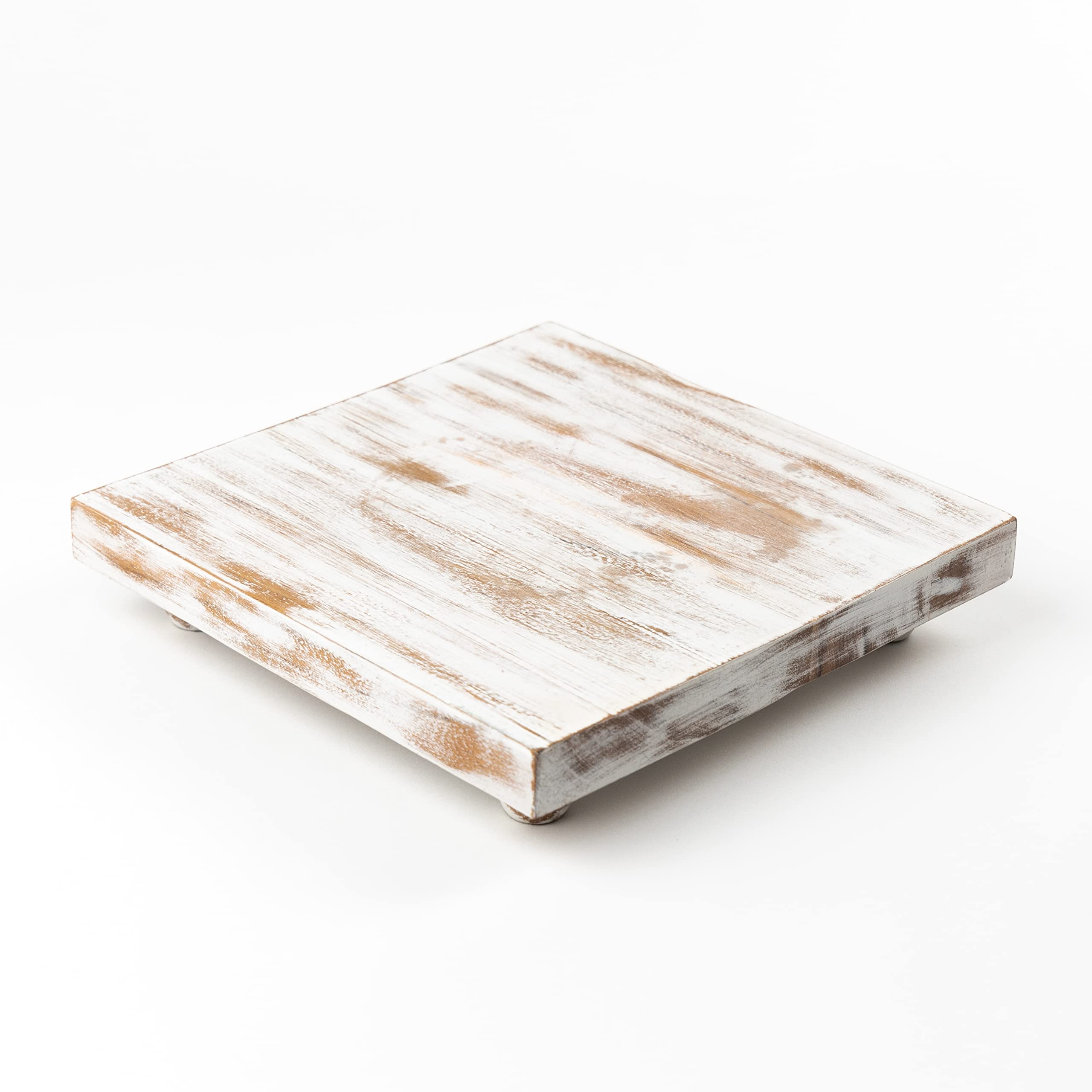 Set of 2 White Decorative Farmhouse Tray Risers with Feet, Square Rustic Wooden Stand and Pedestal, Home Centerpiece Decor