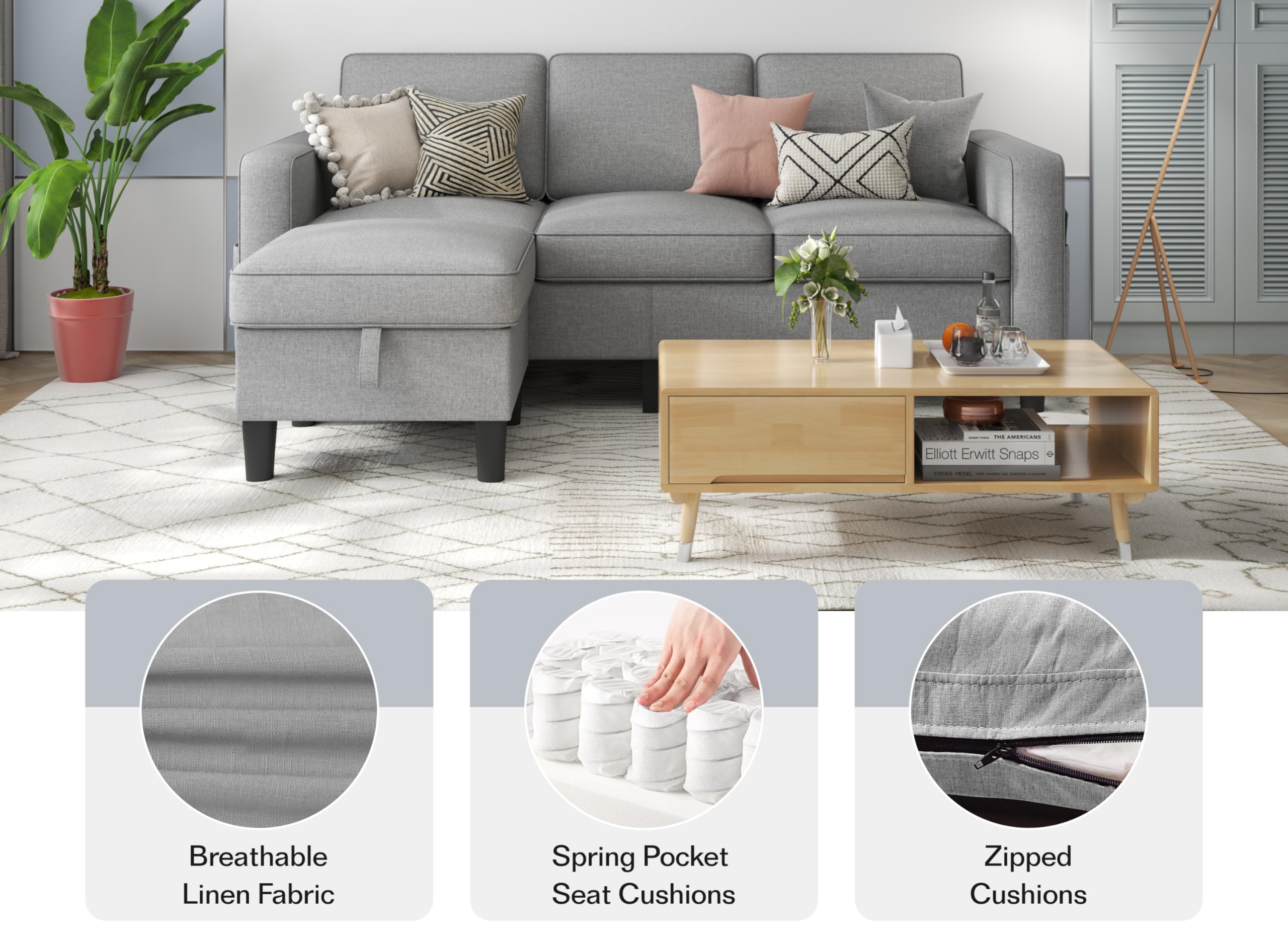 Woyomeub Sectional Couches for Living Room: L Shaped Couch with Storage Ottoman - Gray Sofa 3 Seater Furniture Set Modern Linen Fabric Futon Sleeper Sofas for Apartment Studio Small Space