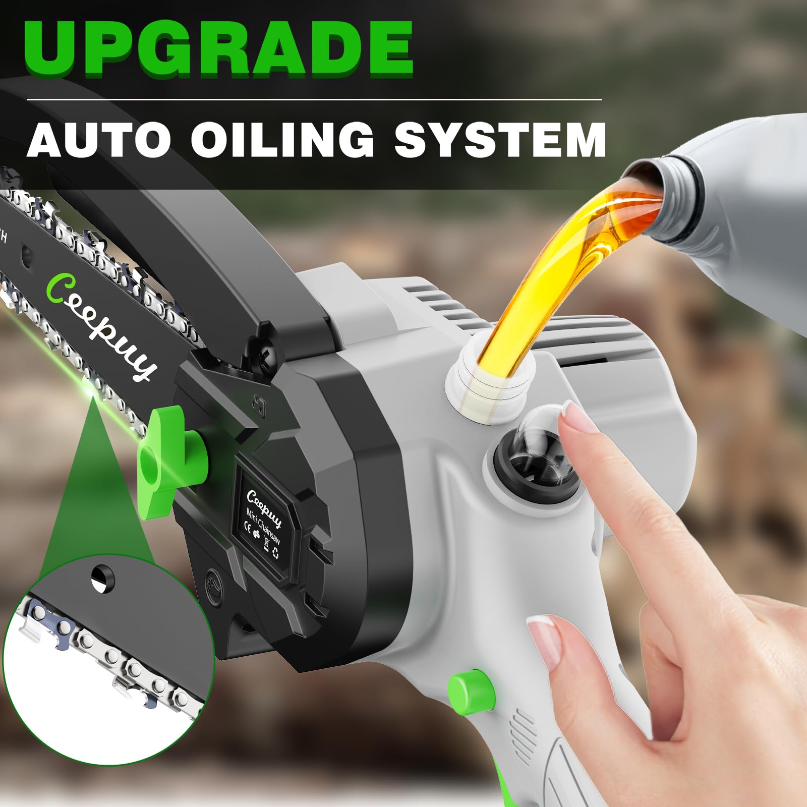 CEEPUY Mini Chainsaw Cordless,6 Inch Portable Electric Chain Saw w/ Automatic Oiler, Battery Powered Small Handheld Saw w/ Security Lock Trees Branches Trimming, Wood Cutting, 2 Batteries 3 Chains
