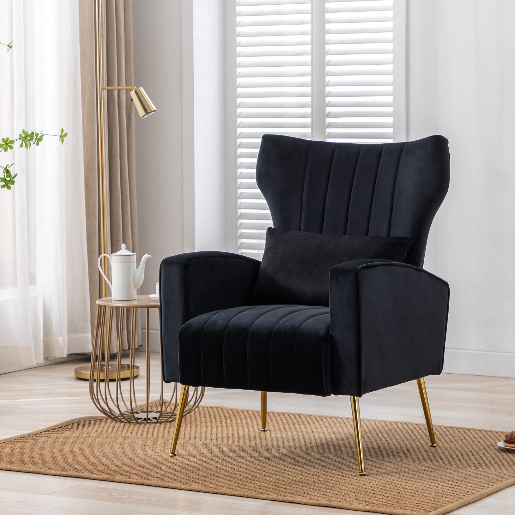 chairus Wingback Velvet Accent Chairs Set of 2, Modern Living Room Armchairs Comfy Upholstered Single Sofa Chair for Bedroom Dorms Reading Reception Room with Gold Legs & Small Pillow, Black