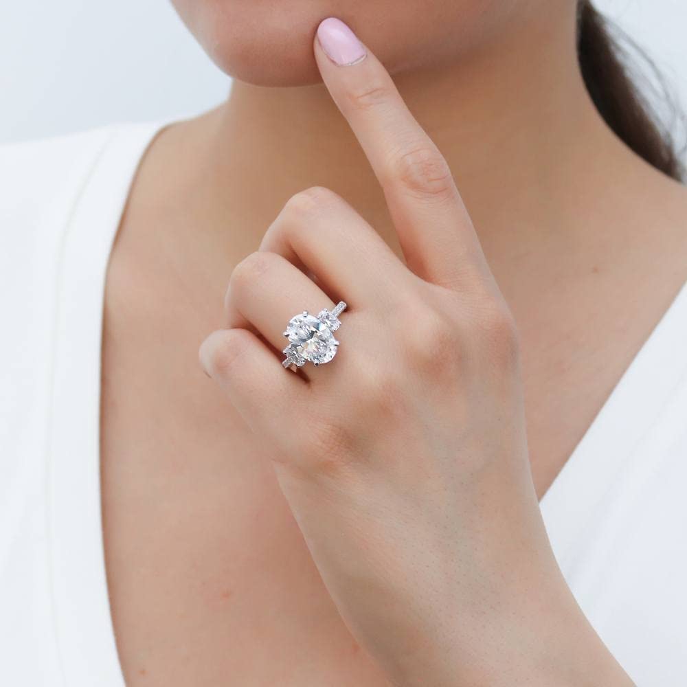 BERRICLE Sterling Silver 3-Stone Wedding Engagement Rings Oval Cut Cubic Zirconia CZ Statement Cocktail Anniversary Ring for Women, Rhodium Plated Size 8