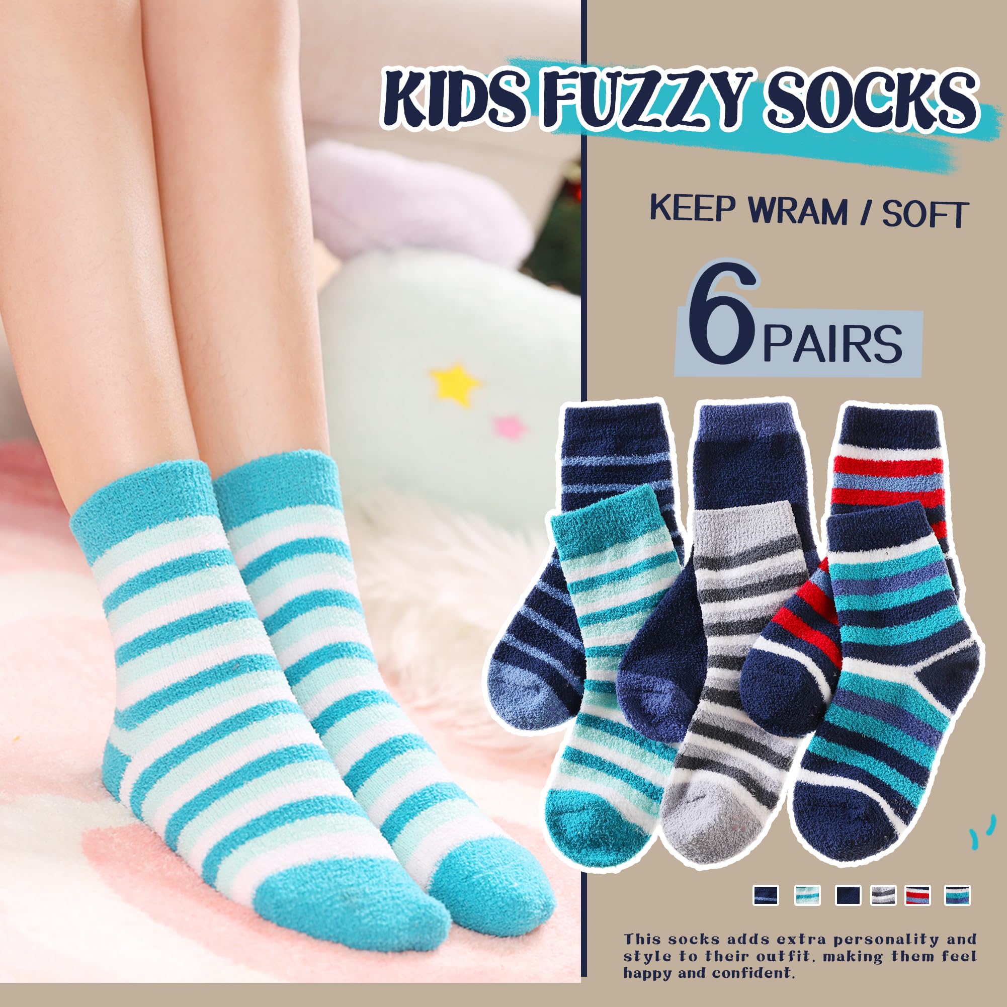 Kids Fuzzy Slipper Grip Socks Boys Girls Non Slip Winter Thick Fluffy Warm Soft Plush Thermal Crew Socks 6 Pairs (4-7 Years, 6 Pairs Stripe)