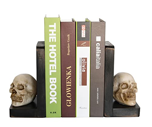 OwlGift Decorative Halloween Skull Bookends, Heavy Duty Bookends for Shelves, Skull Book Ends for Heavy Books, Book Shelf Holder Home Office Desktop Organizer (1 Pair)