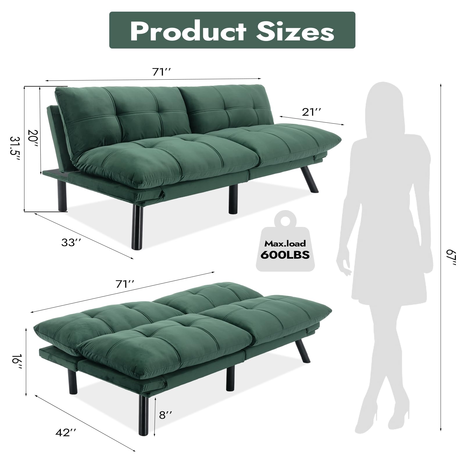 Edbuosy Comfortable Futon Sofa Bed, Memory Foam Loveseat, Convertible Adjustable Sofa Bed CouchSuitable for Office, Home, and Bedroom (Green)