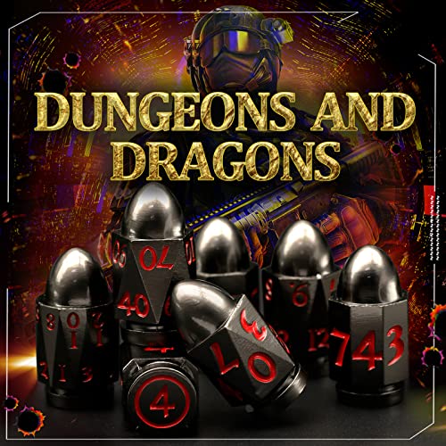 Metal Bullet Dice Set, DND Dice Set Dungeons and Dragons Dice, ZHOORQI D6 Dice Set D&D Dice Gifts for Role Playing Games, Pathfinder, Warhammer 40k or Theme Tabletop Games(7Bullet-Black Red)