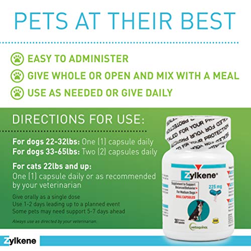 Vetoquinol Zylkene Behavior Support Capsules for Medium Dogs 33-65lbs, Calming All Natural Milk Protein Supplement, Helps Relieve Dog Anxiety During Fireworks and Thunder, 225mg