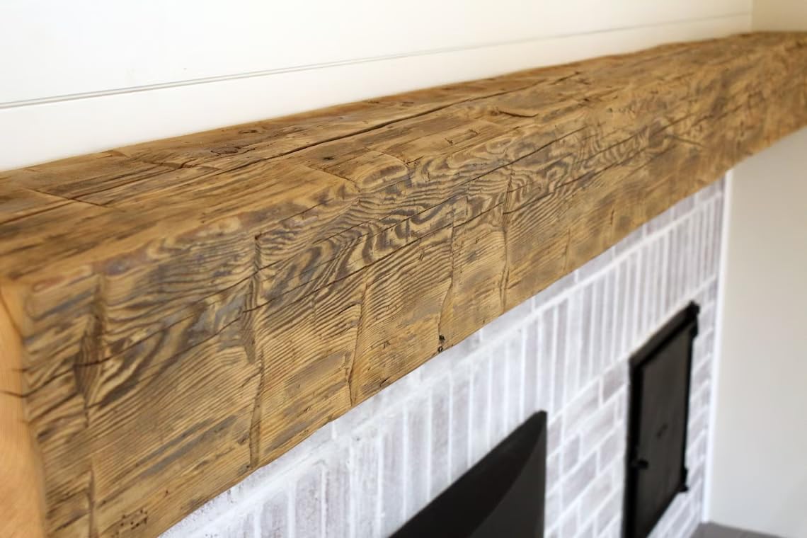 Modern Timber Craft Hand Hewn Wood Barn Beam Fireplace Mantel Shelf - Certified Reclaimed American Barnwood Floating Rustic Shelving, 66 Inches