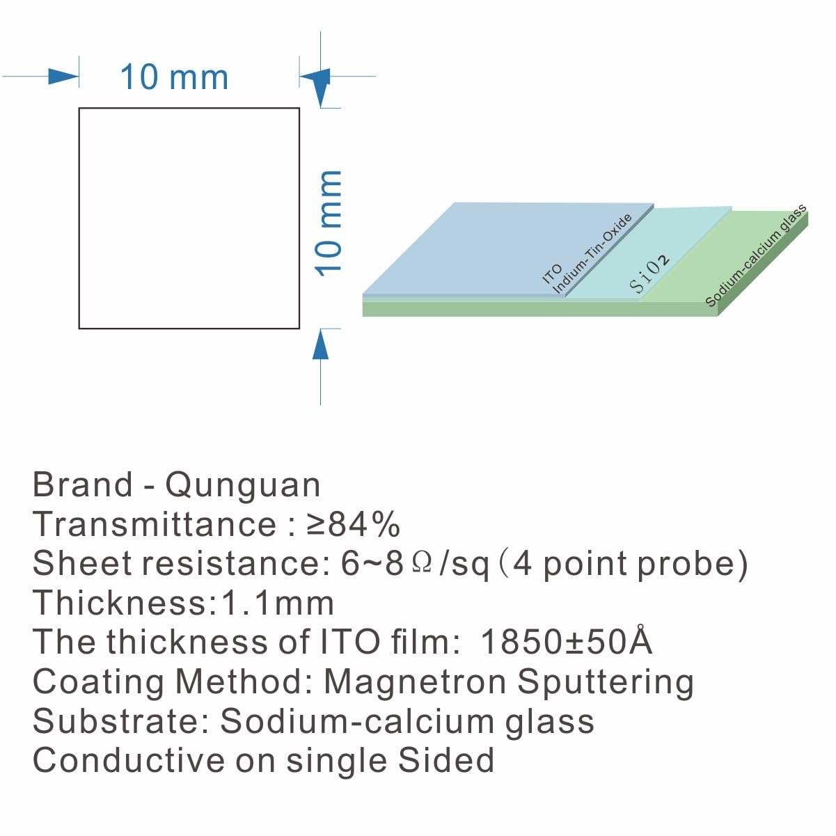 ITO Coated Conductive Glass Substrate Slides superconducting Low Resistance < 10Ω /Square (10mm×10mm, 80 Pcs)