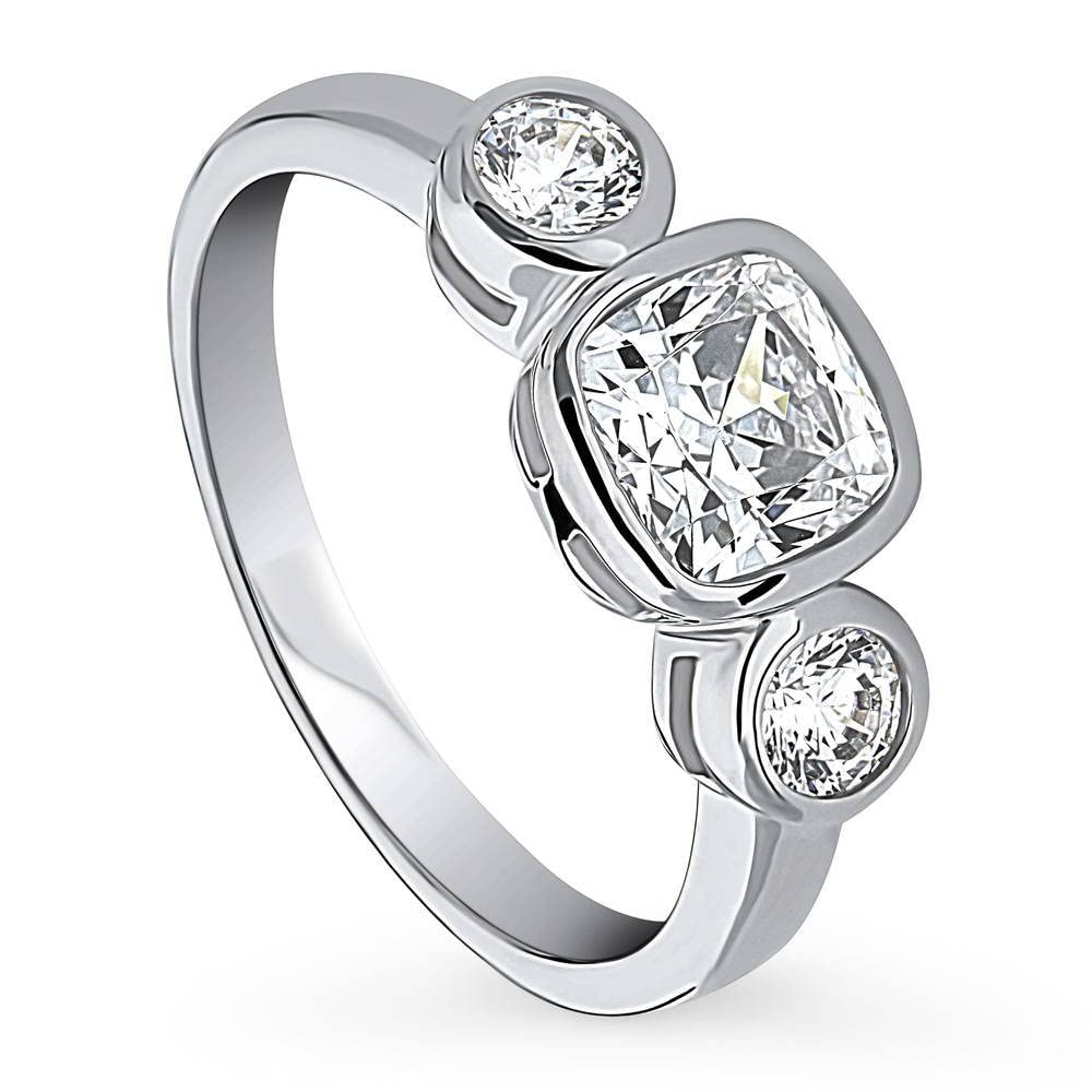 BERRICLE Sterling Silver 3-Stone Wedding Engagement Rings Cushion Cut Cubic Zirconia CZ Anniversary Promise Ring for Women, Rhodium Plated Size 7