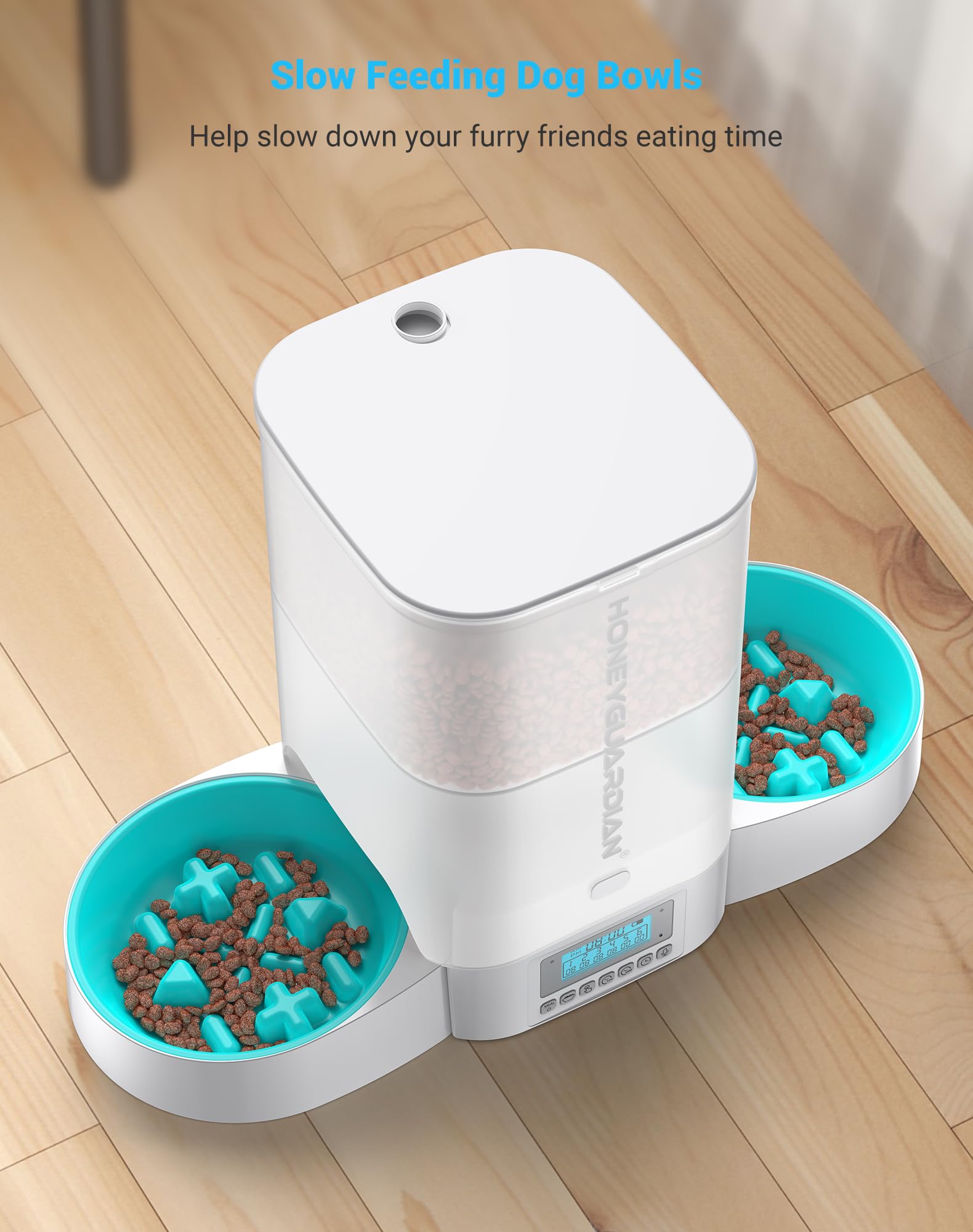 HoneyGuaridan Automatic Cat Feeder for Two Cats,3.5L Cat Food Dispenser with Slow Feeder Bowl,Timed Cat Feeder Programmable 1-6 Meals Control, Dual Power Supply,10s Meal Call White