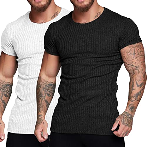 COOFANDY Men's 2 Pack Muscle T Shirts Stretch Short Sleeve Crew Neck Bodybuilding Workout Tee Shirts