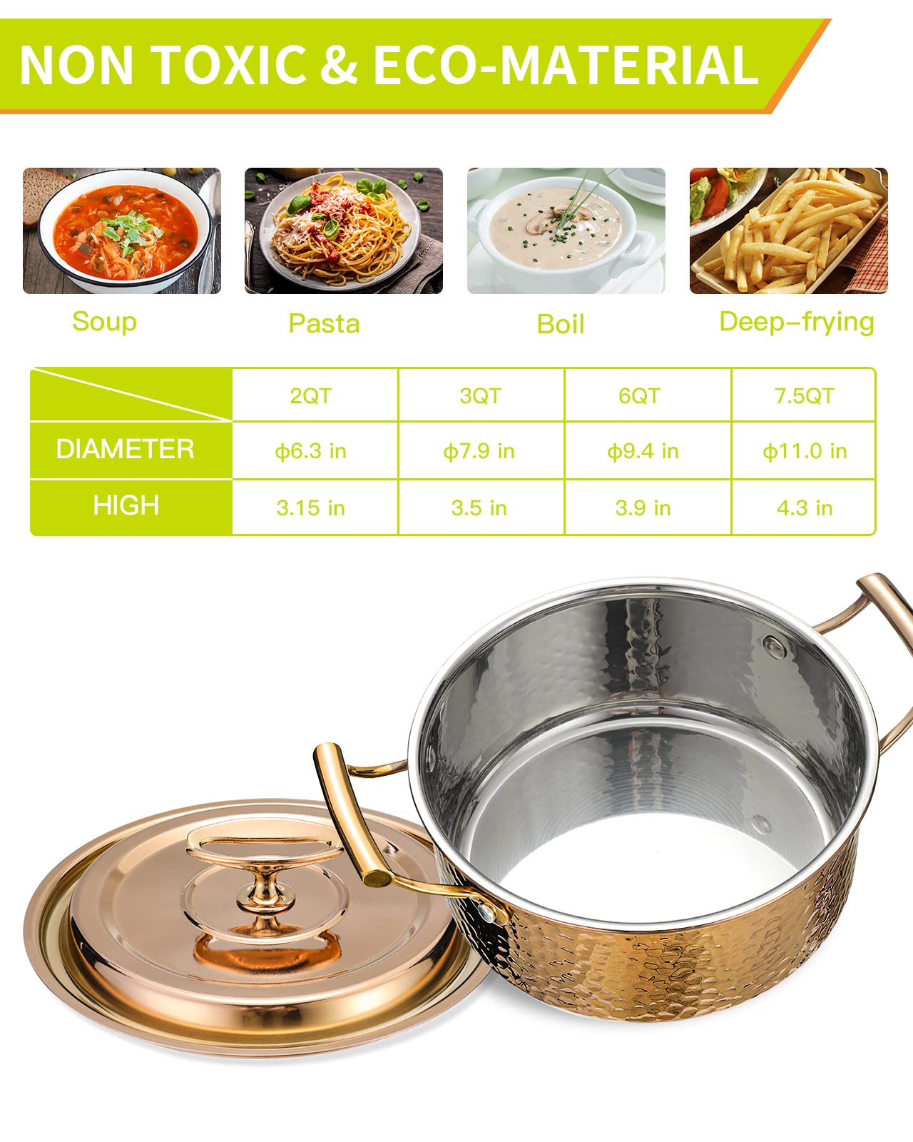 DAEDALUS 7.5QT Stainless Steel Stock Pot with Lid, 3 Triply Clad Hammered Copper Pot, Nonstick Large Stockpot for Home Kitchen Restaurant, Dishwasher Oven Safe -Gold
