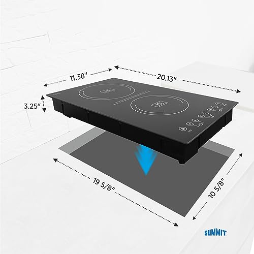 Summit SINC2220 12-inch 2 burner Digital Electric Induction Cooktop with 7-piece cookware set, Jet Black Glass, 230V, 3100W, LED Display, 8-Power Level, Timer, Easy Plug-In, Easy to Clean