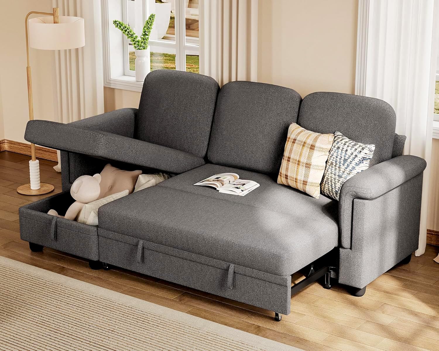 Furmax Sofa Bed Pull Out Couch with Side Storage Pockets L-Shaped Sleeper Sofa with Storage Chaise Sectional Couches for Living Room, Small Apartments (Linen, Gray)