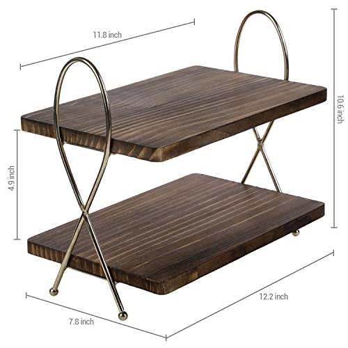 MyGift 2 Tier Burnt Wood and Brass Metal Server Cupcake Holder Stand, Dessert and Appetizer Tower, Buffet Serving Riser Display