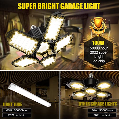 Citiuplift LED Garage Light 2 Pack 100W Warm White Garage Lights Ceiling LED 10000LM Deformable Led Garage Lights 3000K with 5 Panels E26/E27 Base Led Shop Lights for Garage Basement