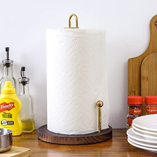 MyGift Modern Brass Tone Metal Countertop Paper Towel Holder with Burnt Solid Wood Base, Hand Paper Towel Roll Dispenser Rack