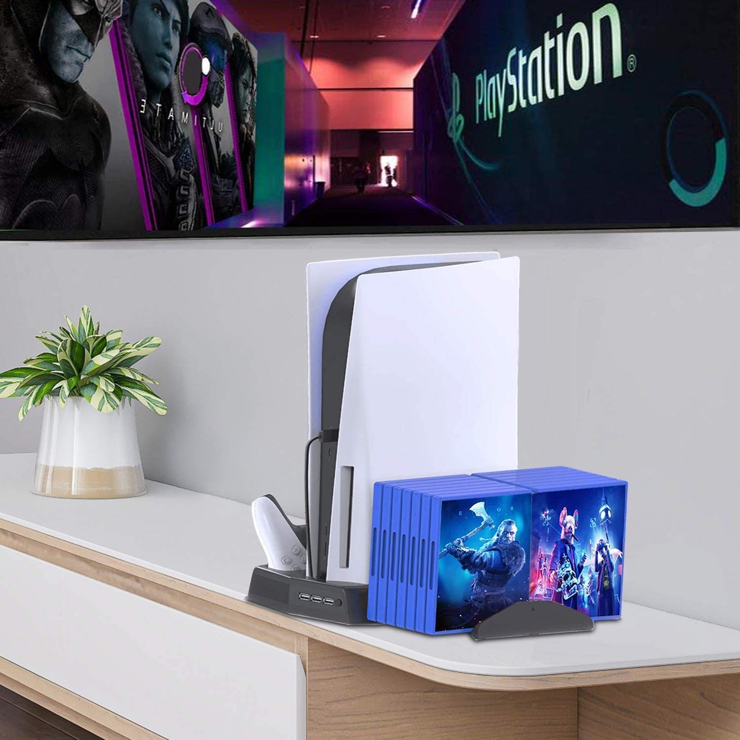 CONNYAM Vertical Stand with Cooling Fan for PS5 Ultra HD Console and PS5 Digital Edition, Controller Charge Station and 14 Retractable Game Storage for Sony Playstation 5 (Black)