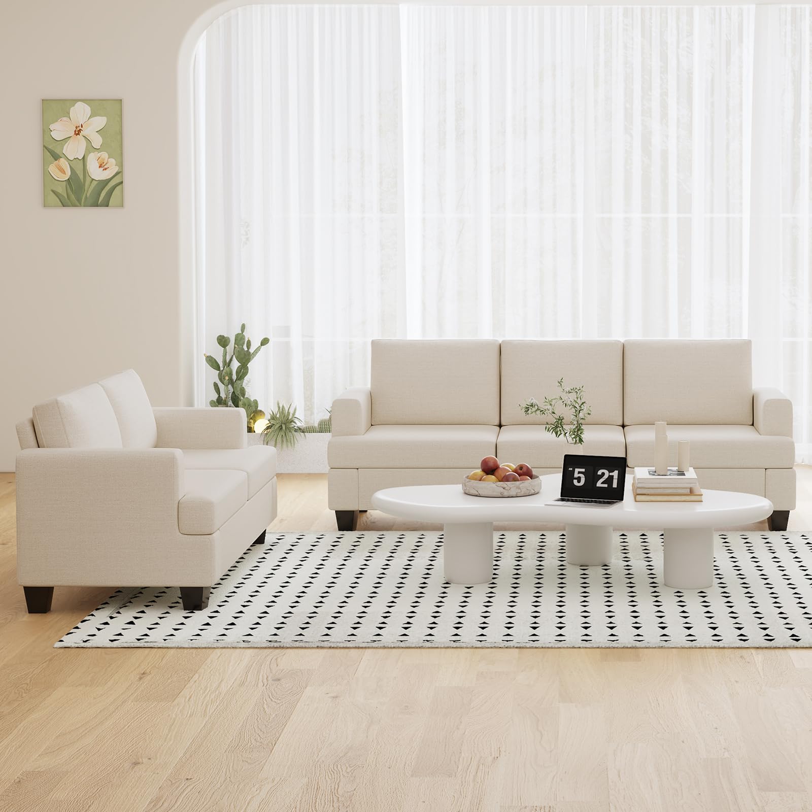 Furnimart Sectional Couches for Living Room, Modern Loveseat and 3 Seater Couch, Deep Seat Sofa Set, Beige Linen Sectional Sofa Cream Couch, Comfy Fluffy Couch with Removable Sofa Cover